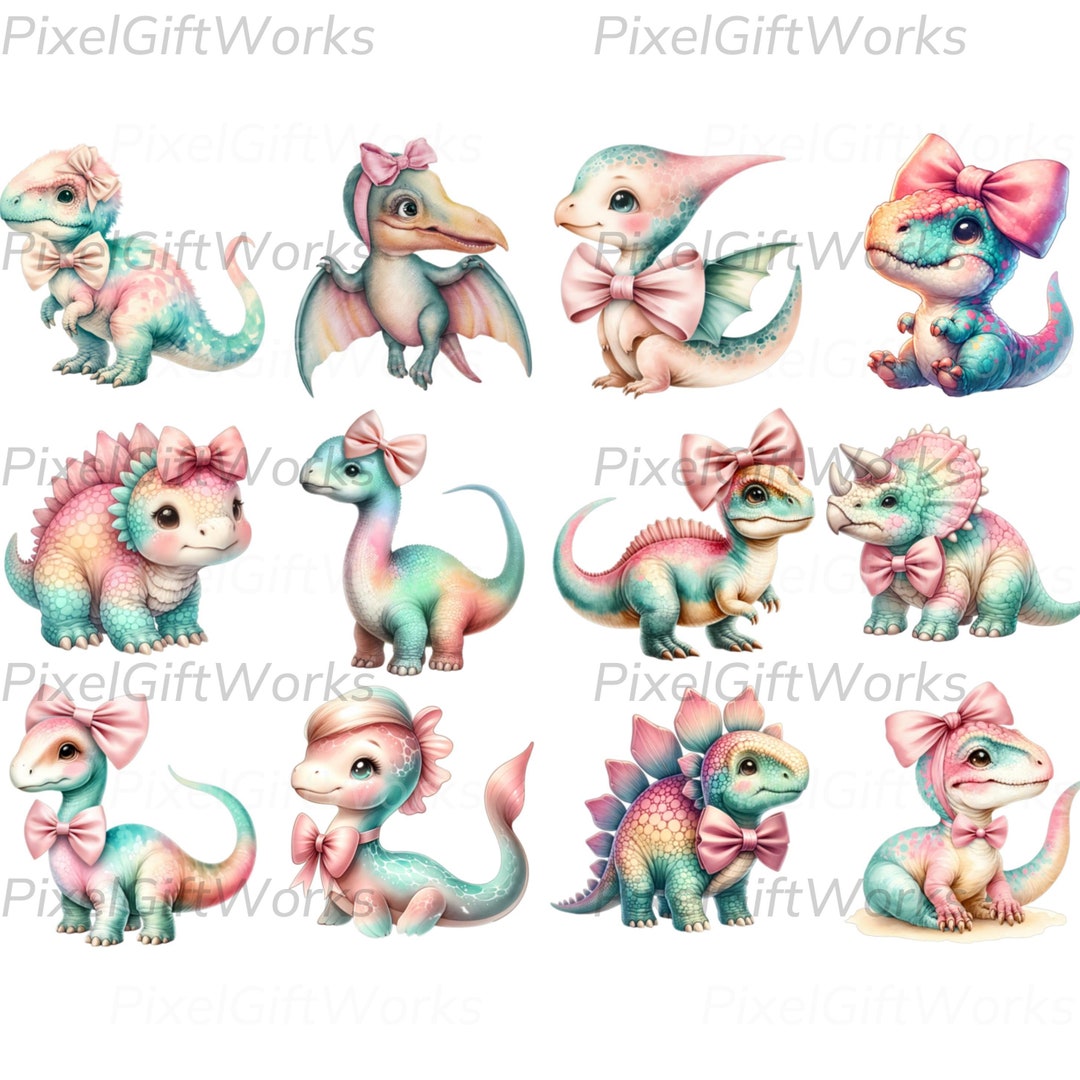 Girly Dinosaur Watercolor Clipart: Dino PNG Bundle (digital Download ...