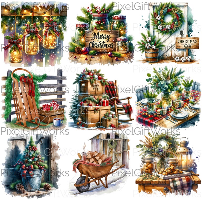 Rustic Farmhouse Christmas Clipart Bundle: PNG Designs (digital ...