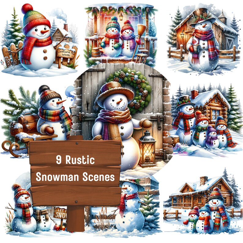 Watercolor Christmas Snowman PNG Bundle: Rustic Winter Clipart (digital ...