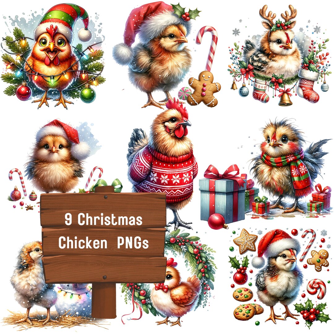 Watercolor Festive Chicken Clipart Set, Funny Chicks PNG, Christmas ...