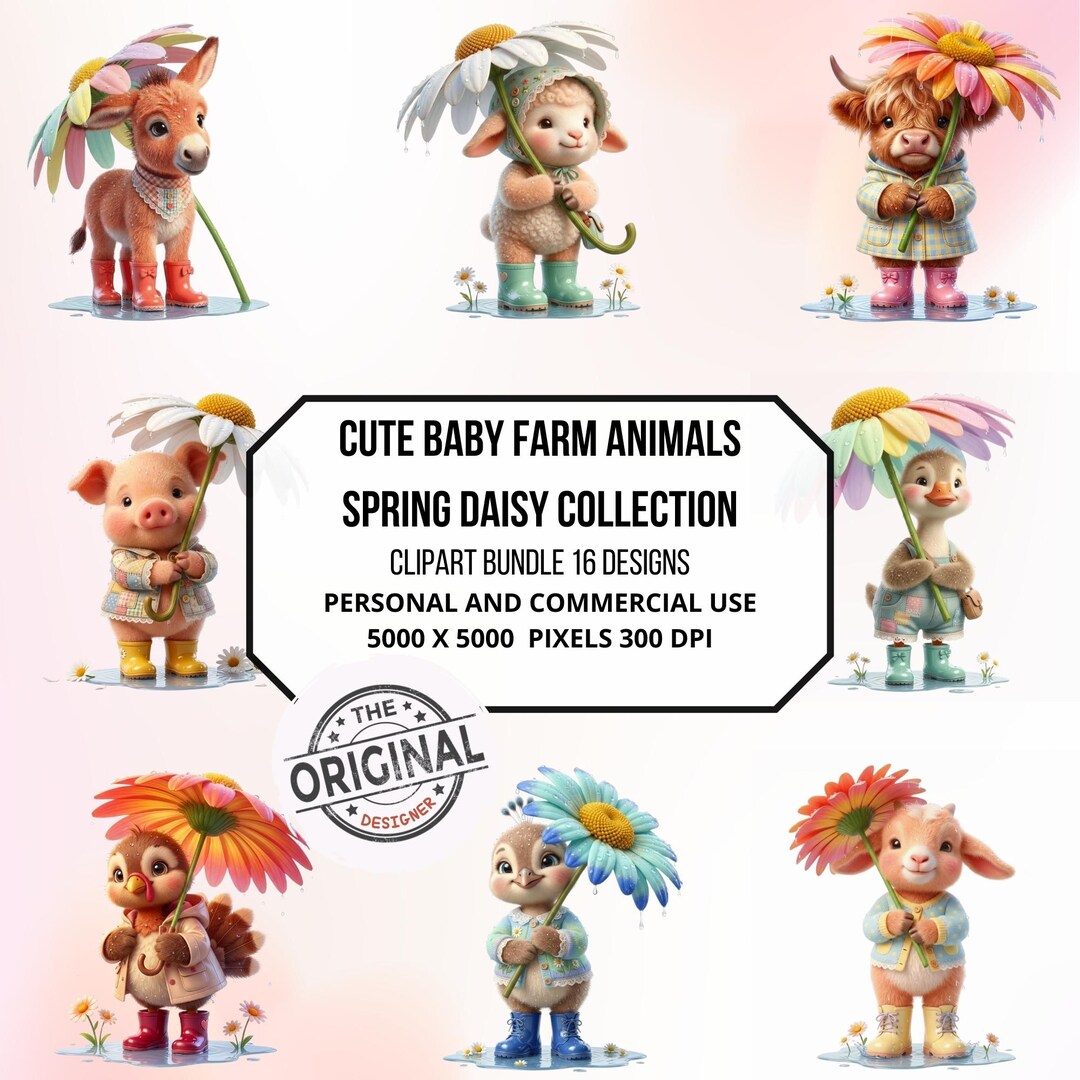 Baby Farm Animals With Spring Daisies Clip Art Bundle, Digital Download ...
