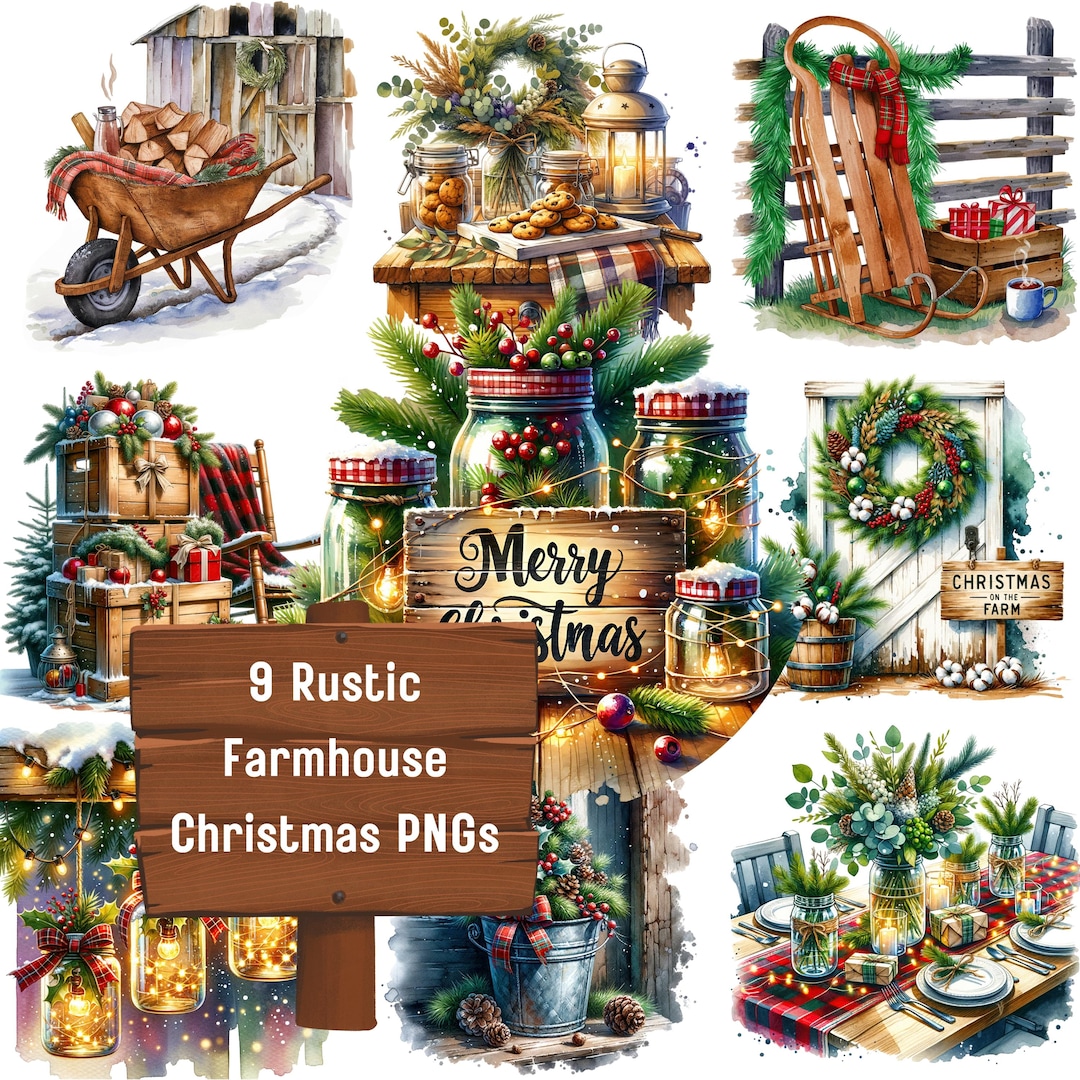 Rustic Farmhouse Christmas Clipart Bundle: PNG Designs (digital ...