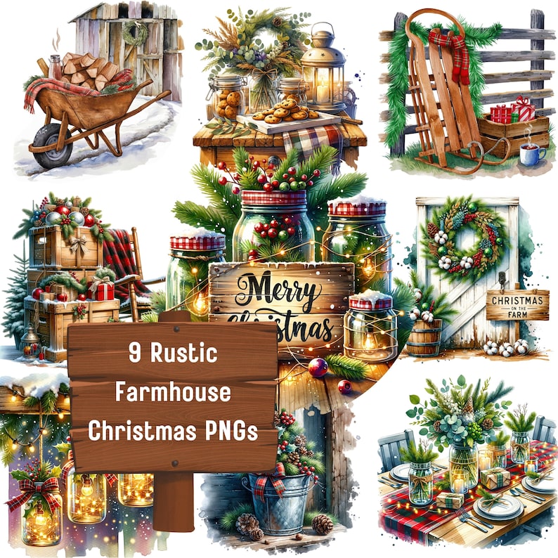 Rustic Farmhouse Christmas Clipart Bundle: PNG Designs (digital ...