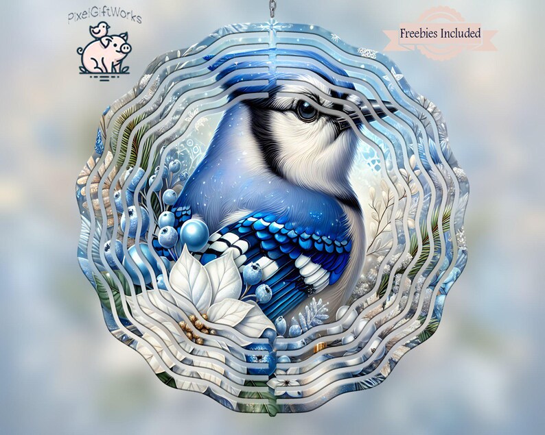 Blue Jay Wind Spinner PNG: Winter Floral Sublimation Design (digital ...