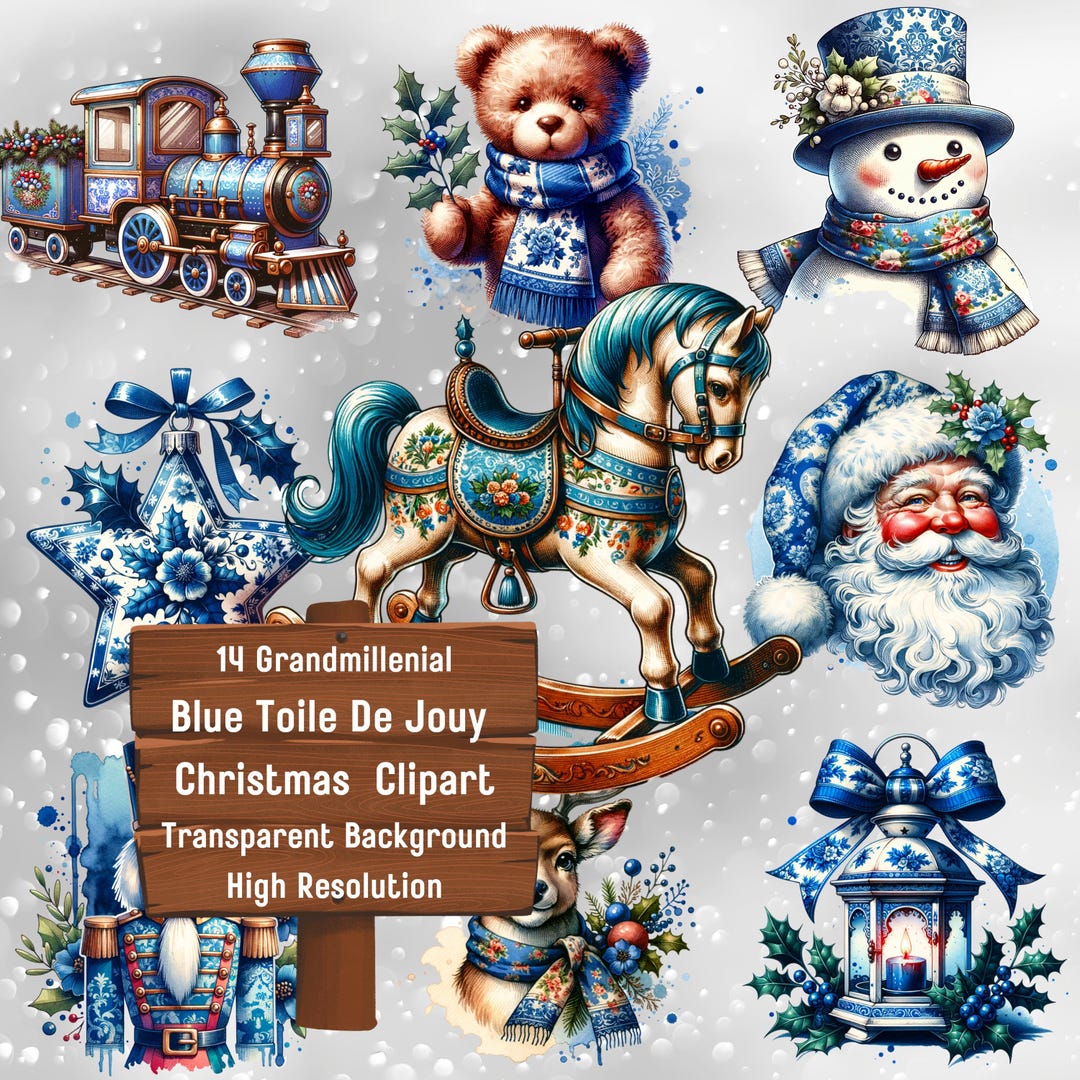 Grandmillennial Christmas Clipart Bundle, Blue Toile De Jouy ...