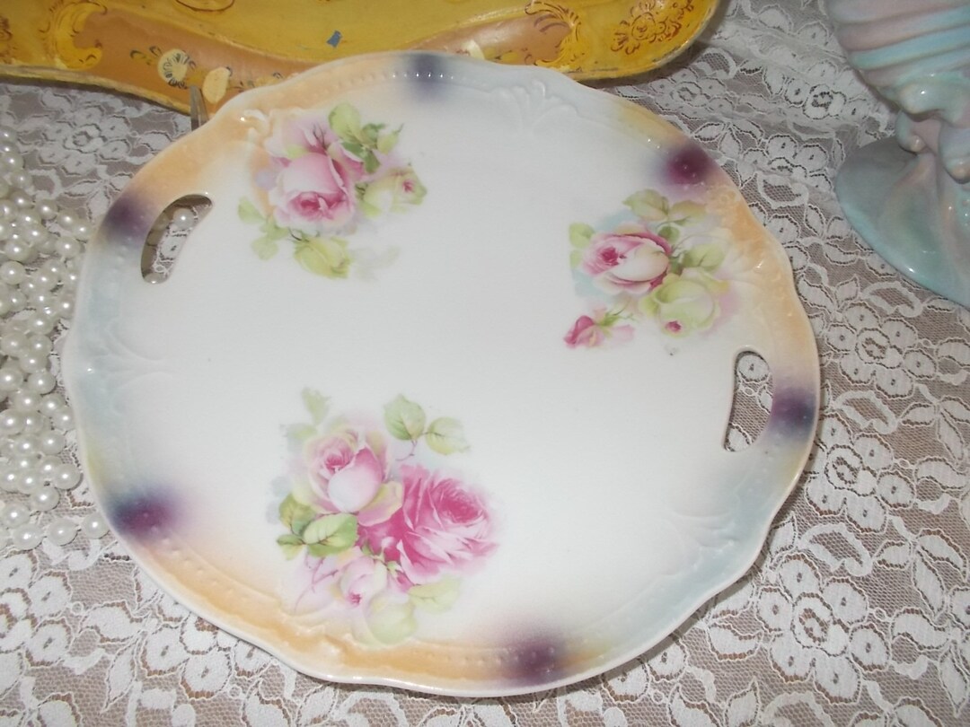 Shabby Pink Roses Cake Plate Pink Roses Lusterware Three Crowns Cabinet ...