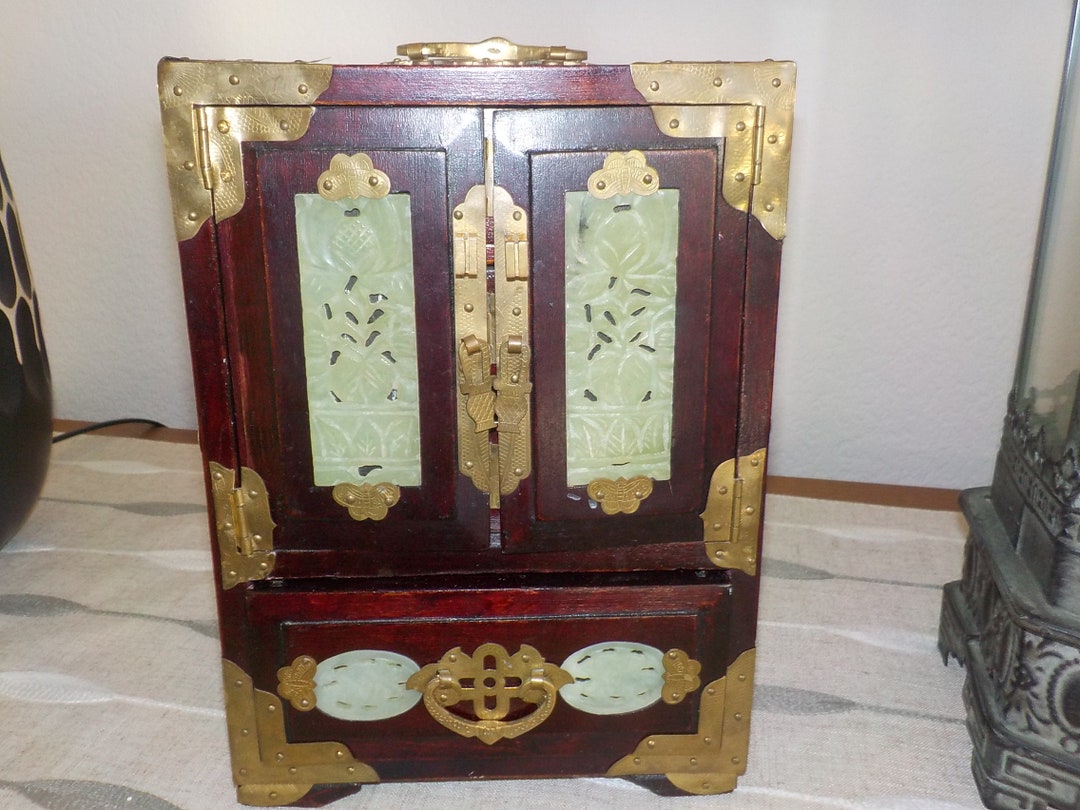 Vintage Asian Jewelry Chest Rosewood Jade Brass Jewelry Box - Etsy