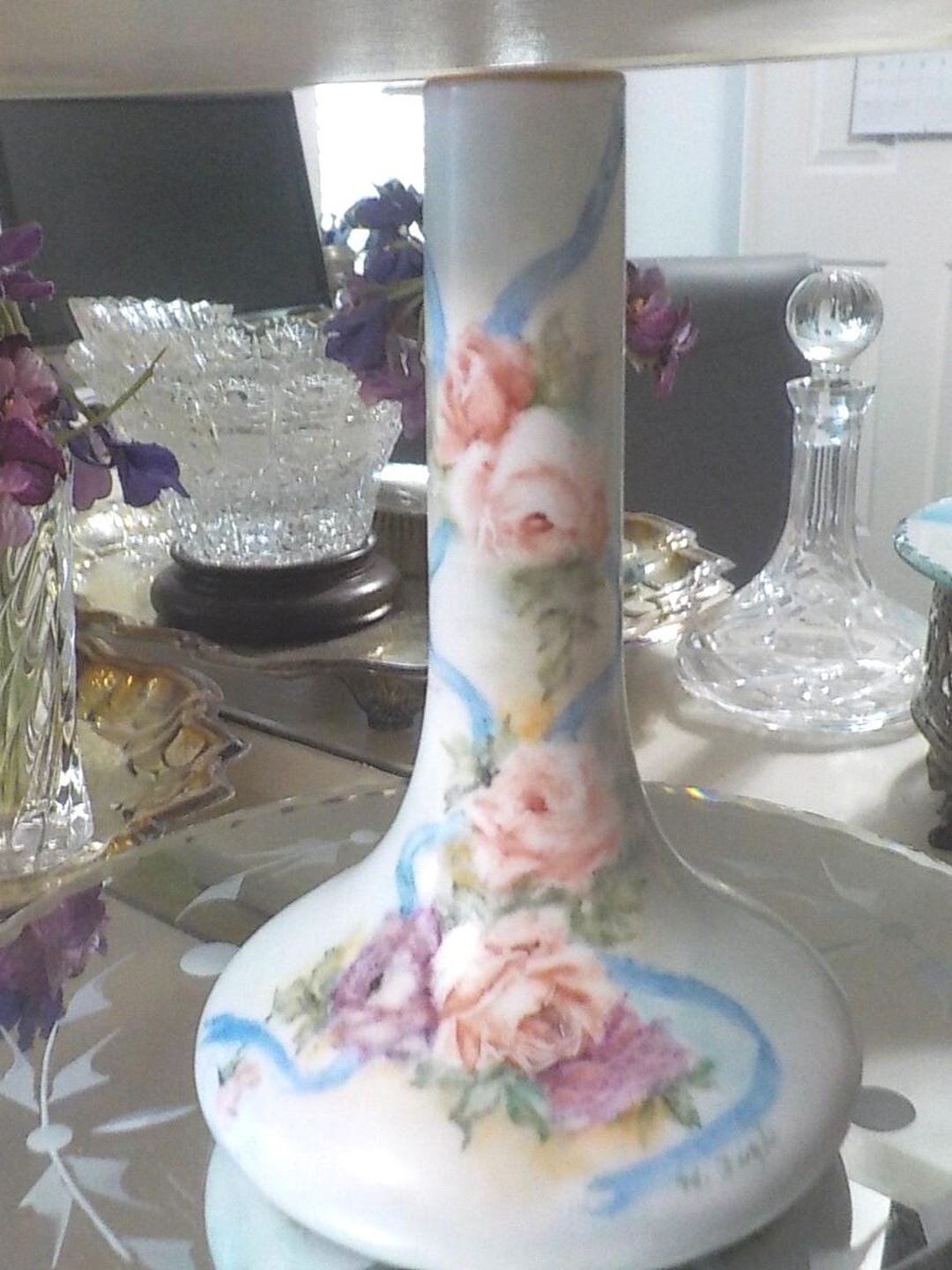 French Bud Vase Pink Roses Blue Ribbons Artist Signed Shabby Chic - Etsy