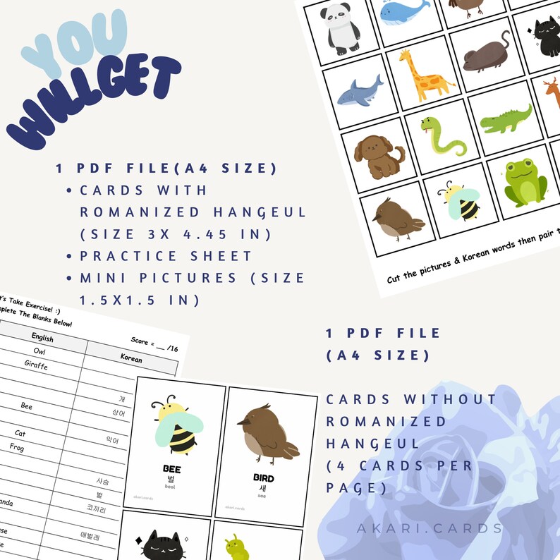 Korean English Animal Vocabulary Flashcard, Digital Download ...