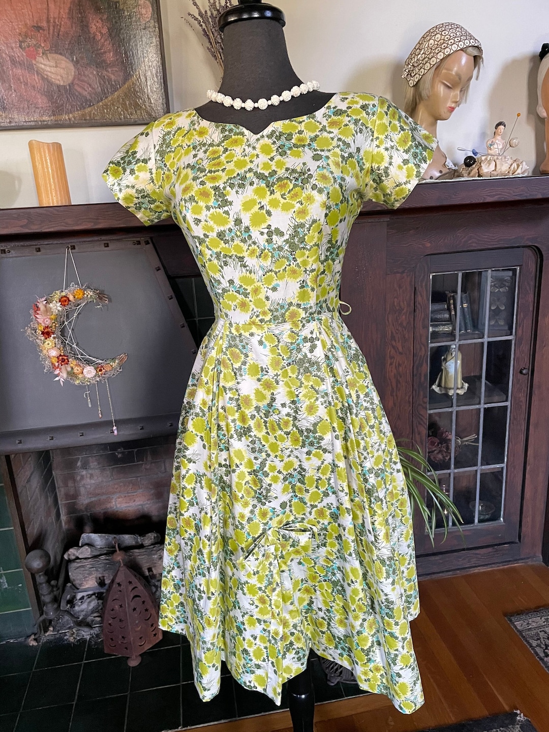 Vintage 1950s Spring Green Floral Cotton Dress - XS W: 25" - Etsy