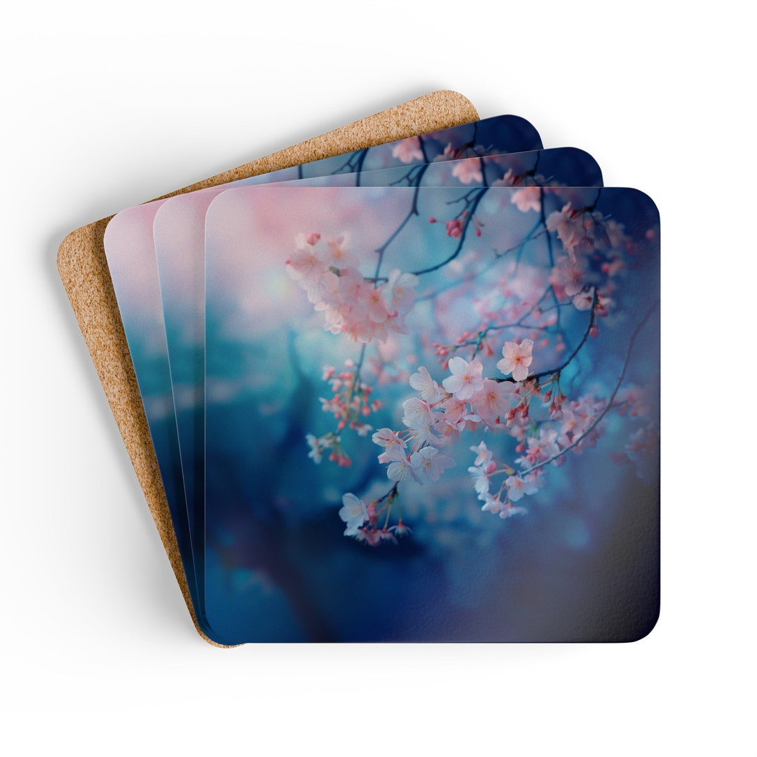 Cherry Blossom Corkwood Coaster Set, Cherry Blossom Flowers, Flower ...