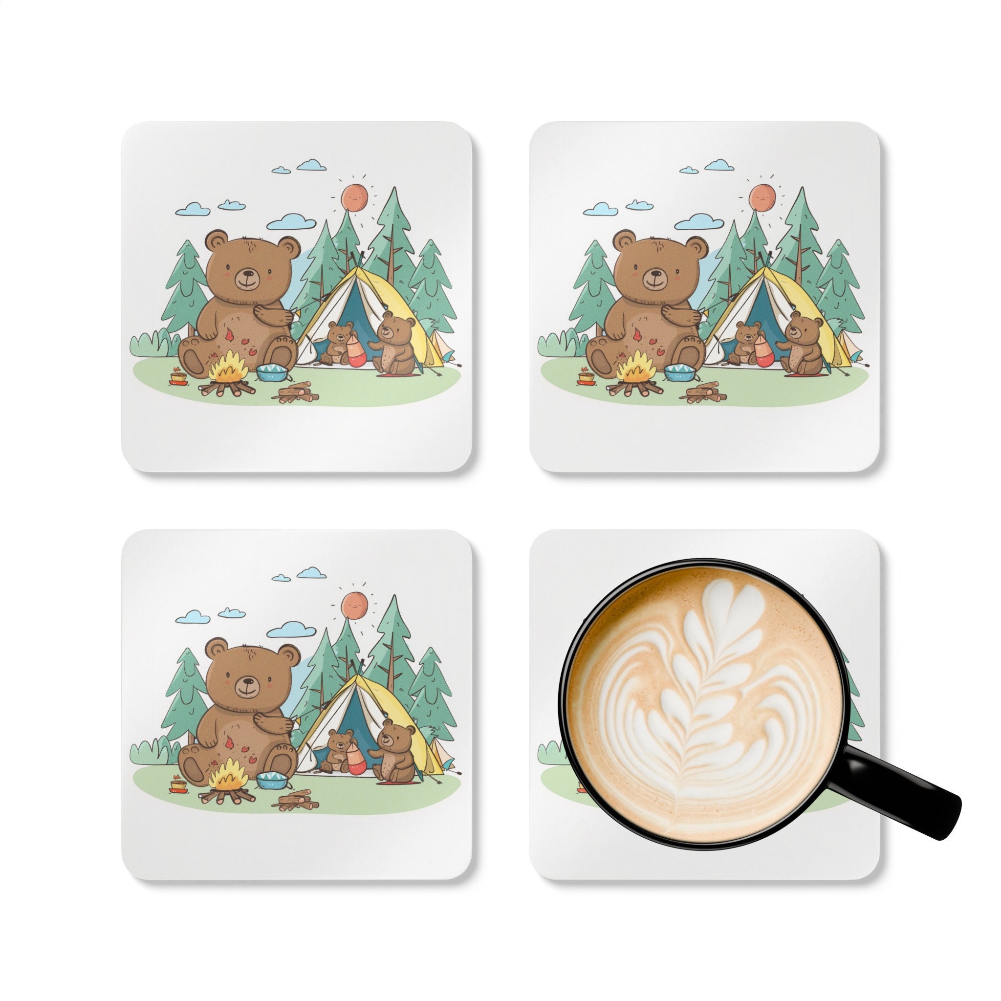 Cute Camping Family of Bear Corkwood Coaster Set, Bear Family, Family ...