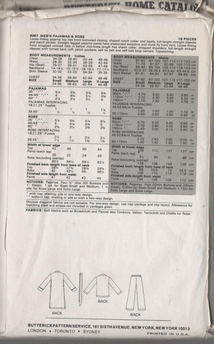 Vintage 1980s Men's Pajamas and Robe Butterick 6367 Vintage 80s Mens ...