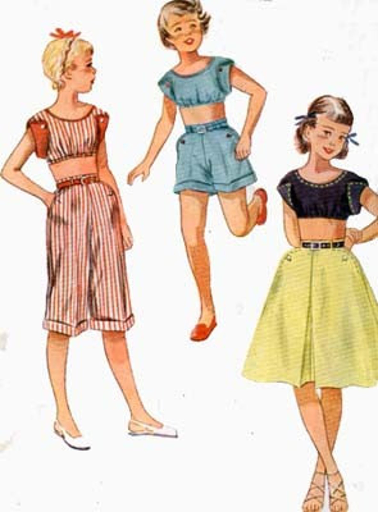 Vintage 1950s Girls Fitted Midriff Top Pedal Pushers, Shorts and Shirt ...