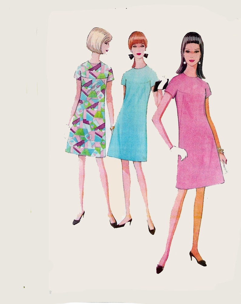 Vintage 1960s Mod A Line Dress Kimono Sleeve Yoked French Darts Sewing ...