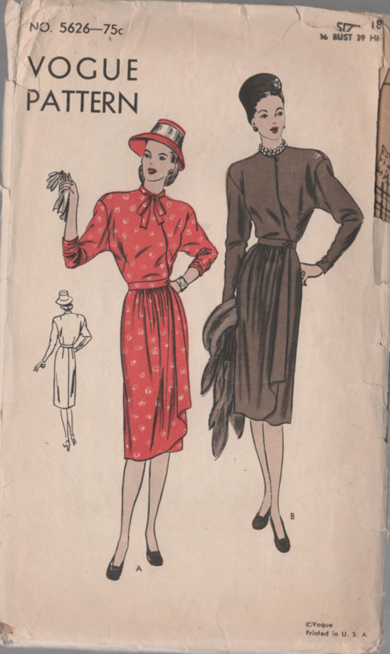 Vintage 1940s Wrap Dress W/ Dropped Shoulders Sewing Pattern Vogue 5626 ...