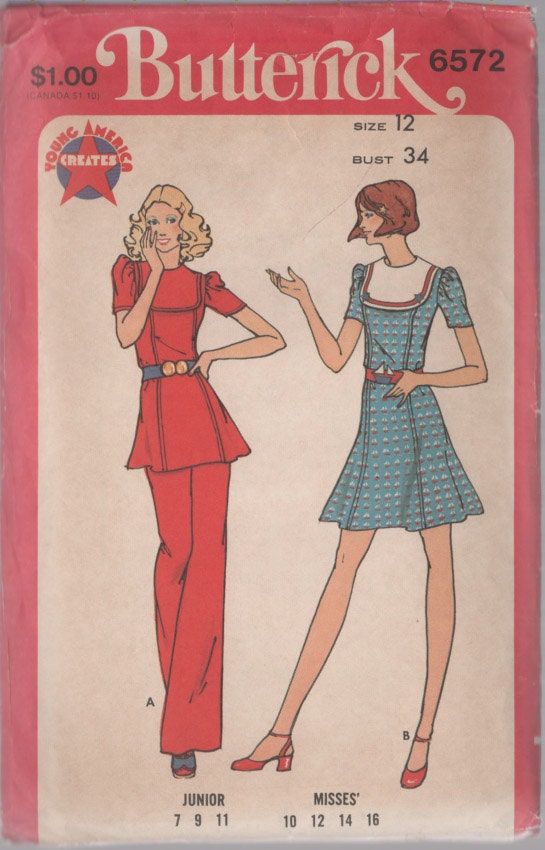 Vintage 1970s Mini Dress,tunic and Pants Sewing Pattern Butterick 6572 ...