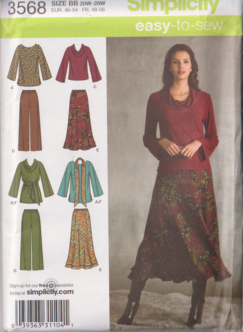 Plus Size Top Pants Skirt and Sash or Scarf Simplicity 3568 - Etsy