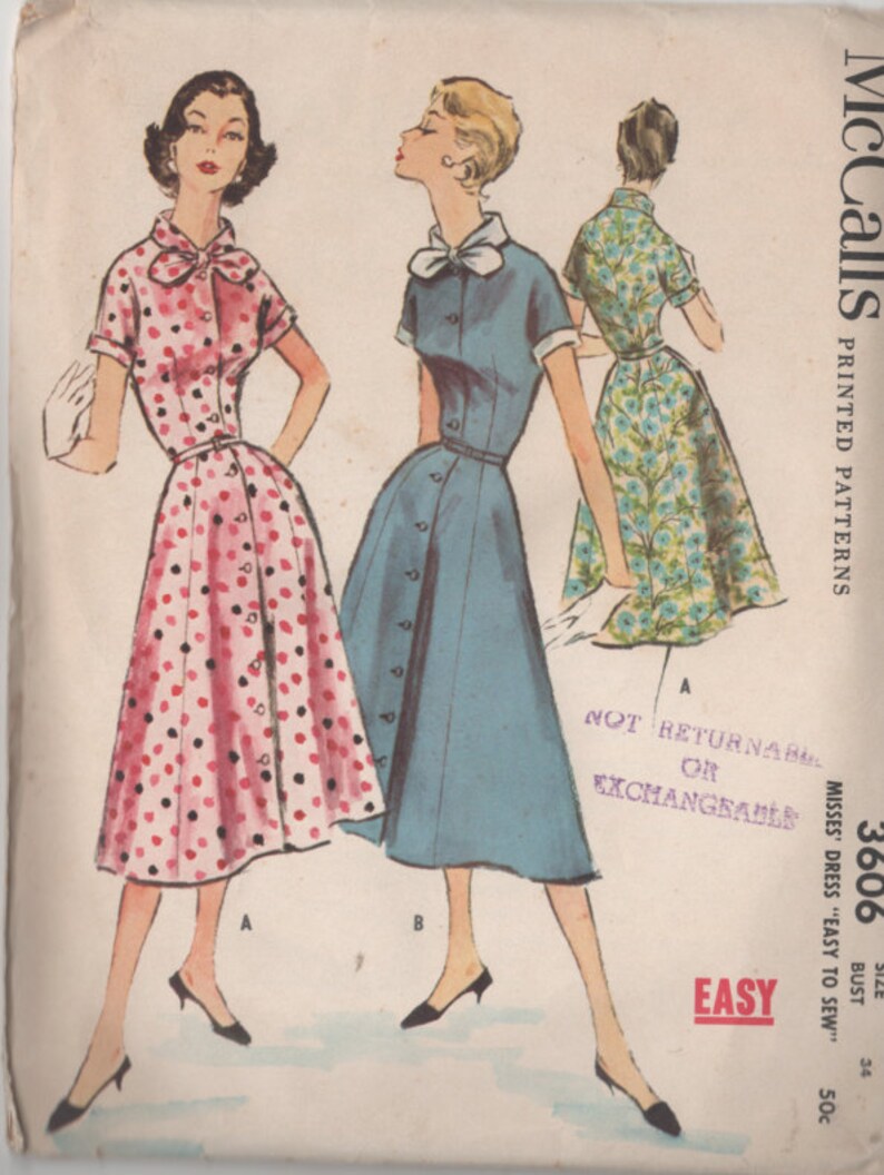 Vintage 1950s Easy to Sew Shirtdress Sewing Pattern Mccalls 3606 ...
