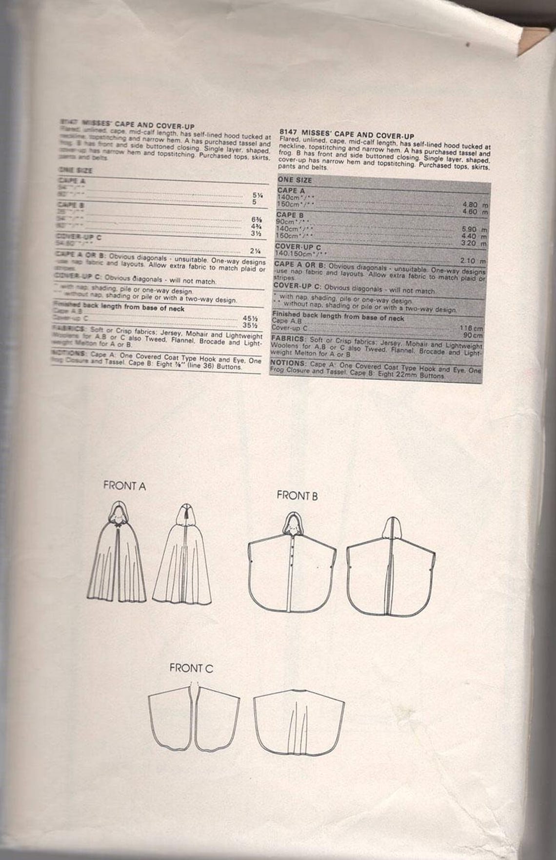 Vintage 80s Misses' Easy Sew Capes and Cover-up, Hooded Cape, Front ...