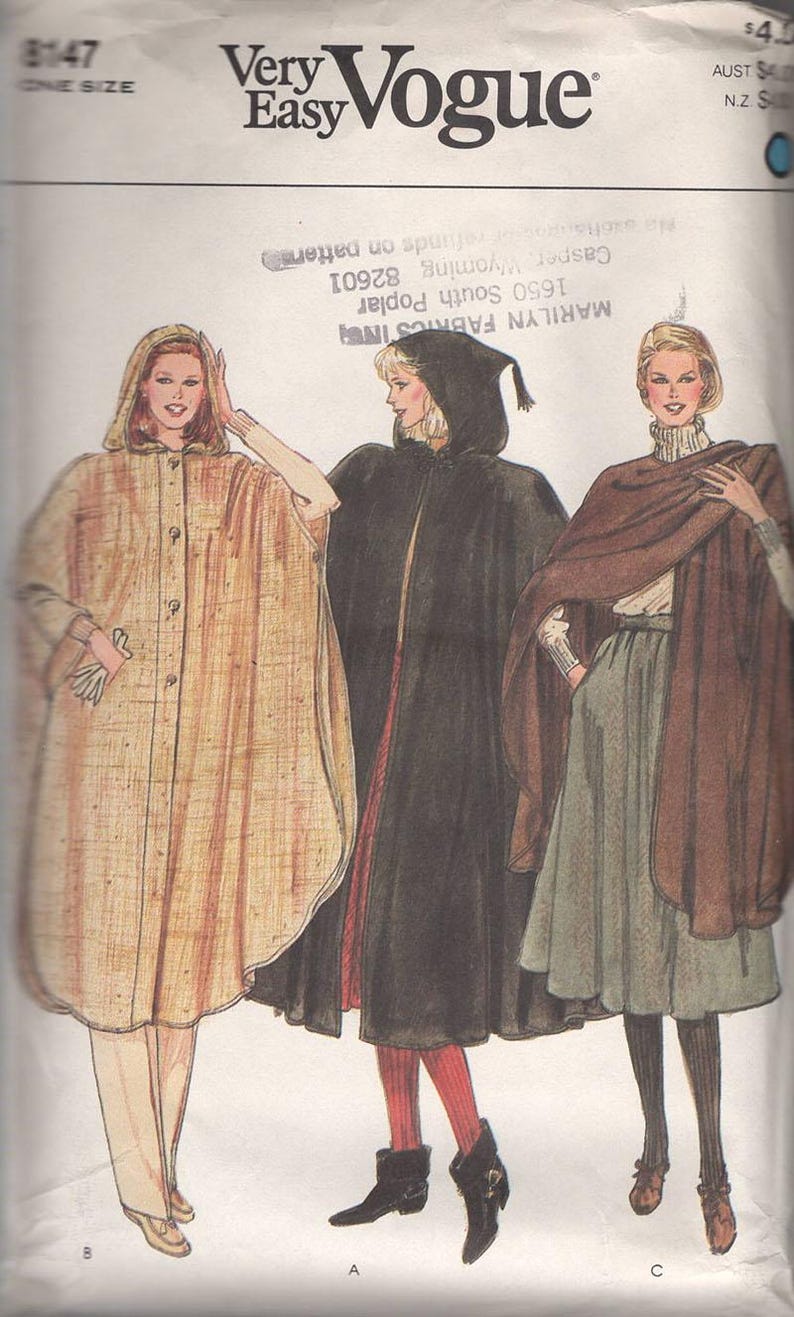 Vintage 80s Misses' Easy Sew Capes and Cover-up, Hooded Cape, Front ...