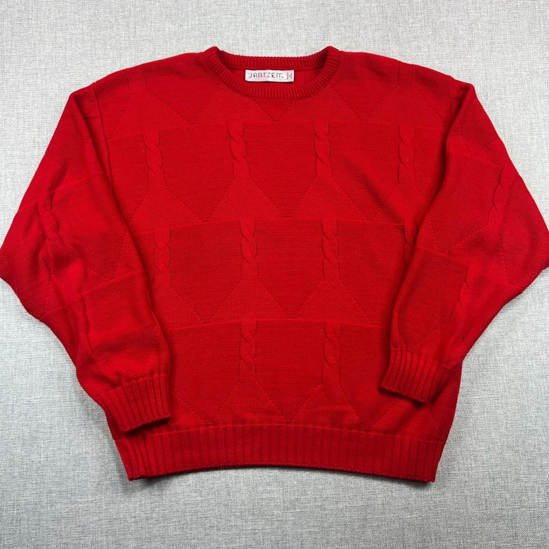 Vintage 90s Jantzen Red Cotton Cable Knit Sweater Mens M Geometric Made ...