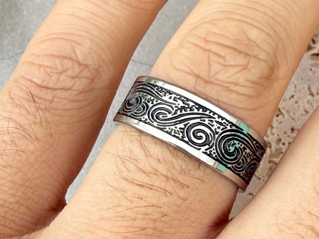 Engraved Silver Wave Ring for Men Minimalist Wave Pattern Handmade ...