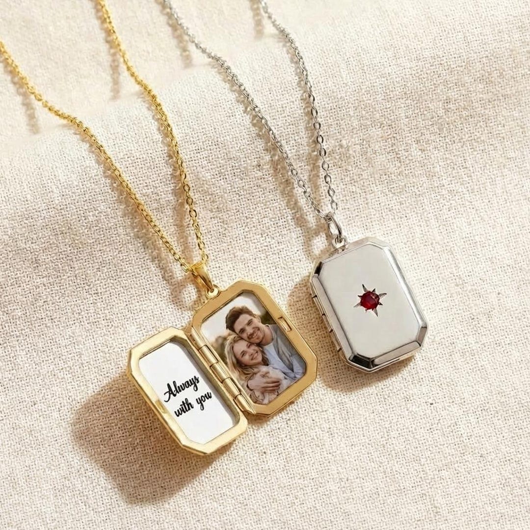 Personalized Photo Locket Necklace With Birthstone • Custom Engraved ...