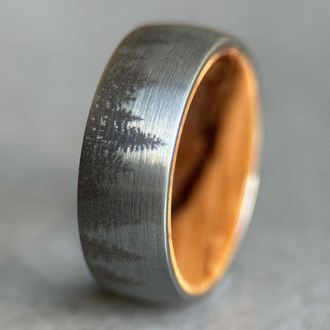 Wood Tungsten Men's Wedding Band – 8mm Pine Tree Forest Ring – Nature ...