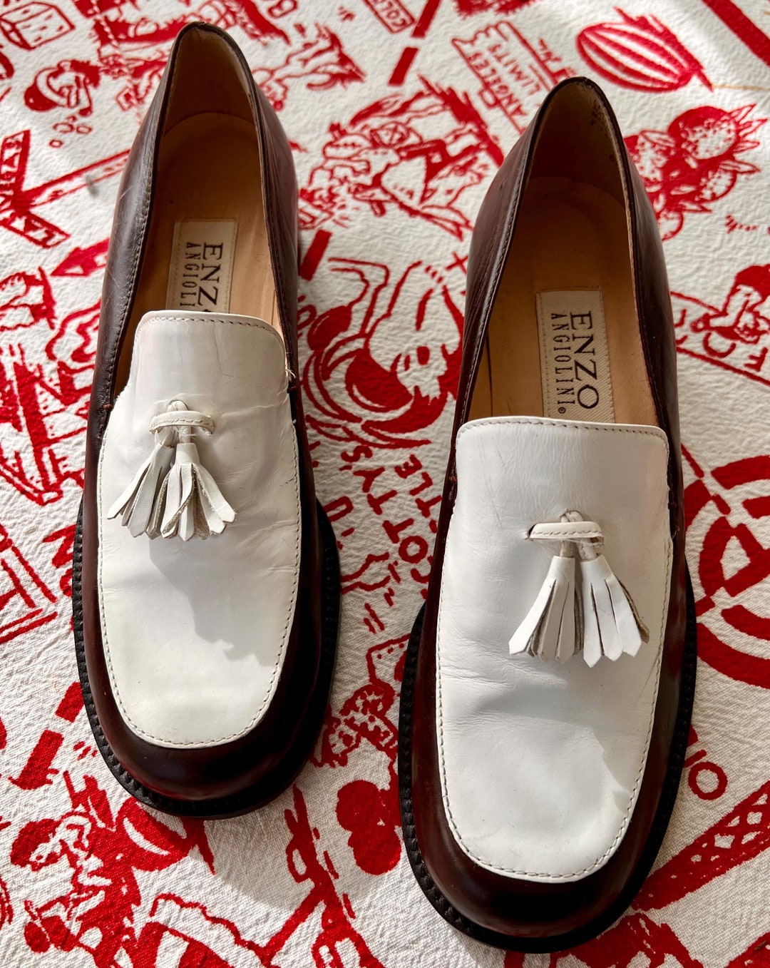 80s/90s Enzo Angiolini Square Toe Brown and White Spectator Loafers ...