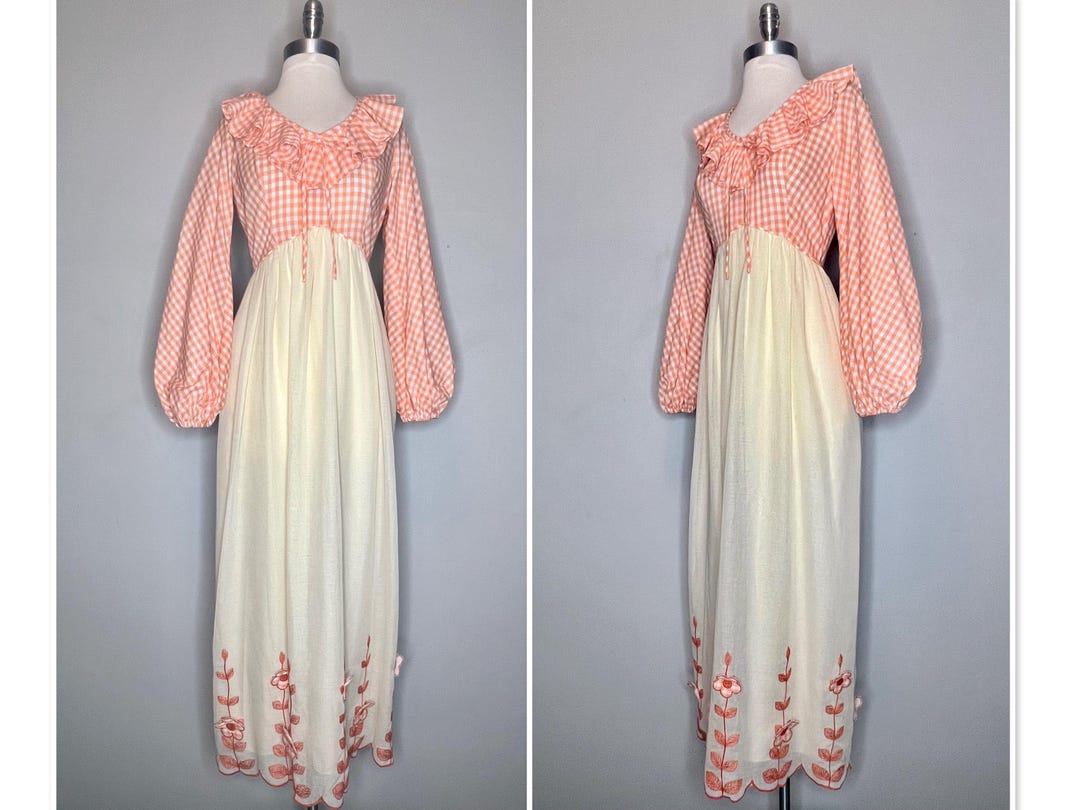 70s Gingham Prairie Dress: Candy Jones California, Quilted Embroidery ...