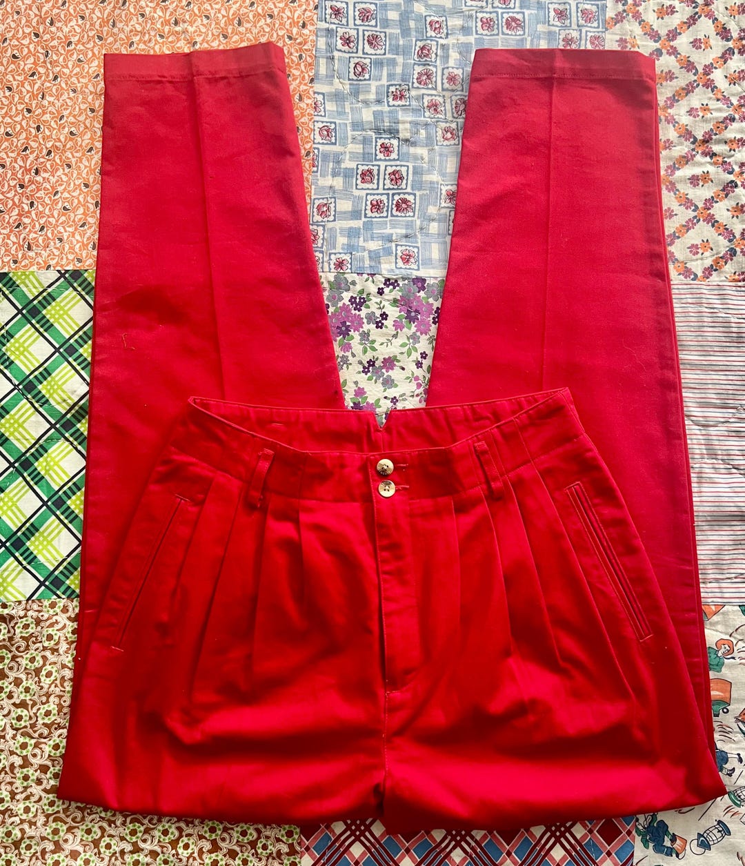 Vintage Fire Engine Red Pleated Pants - High Waist Cotton Blend (30 ...
