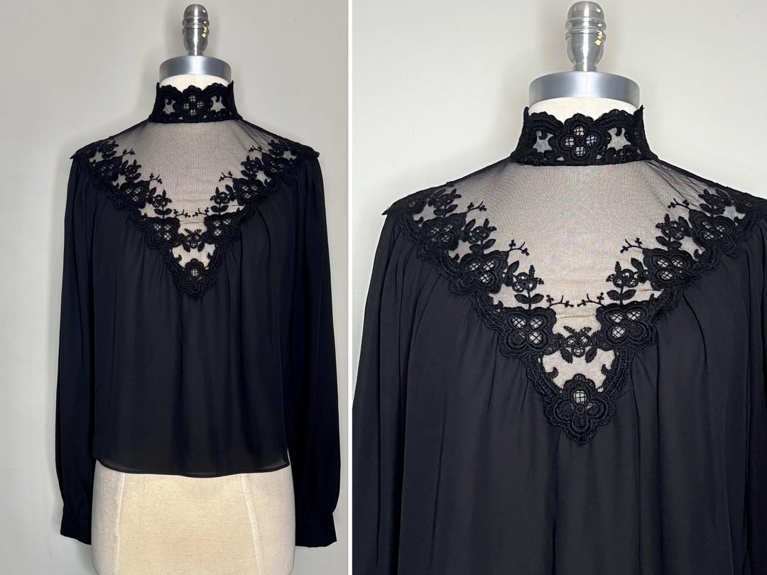 Victorian Revival 80s Black High Neck Blouse With Inset Lace and ...