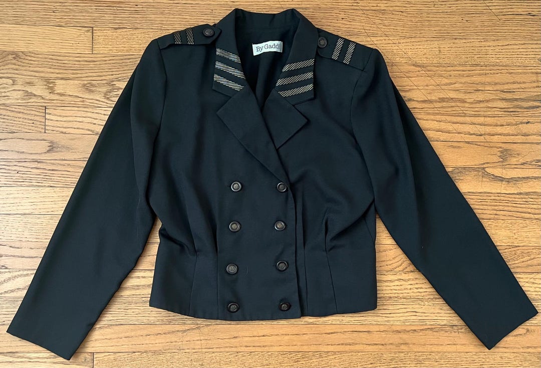 80s Black Polyester Military Style Double Breasted Jacket by by Gadd ...