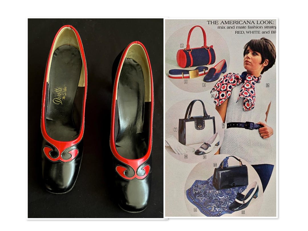 Late 60s/early 70s Dorette Debs Black and Red Swirl Leather Pumps With ...