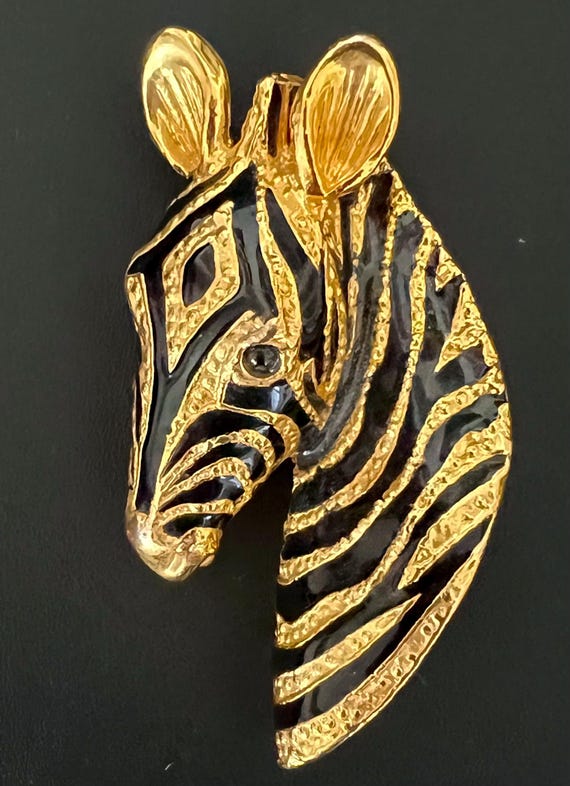 90s Gold Tone and Black Enamel Zebra Brooch with Onyx… - Gem