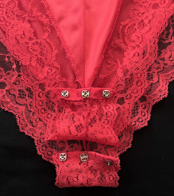 70s/Early 80s Fire Engine Red Nylon and Lace Teddy Bo… - Gem