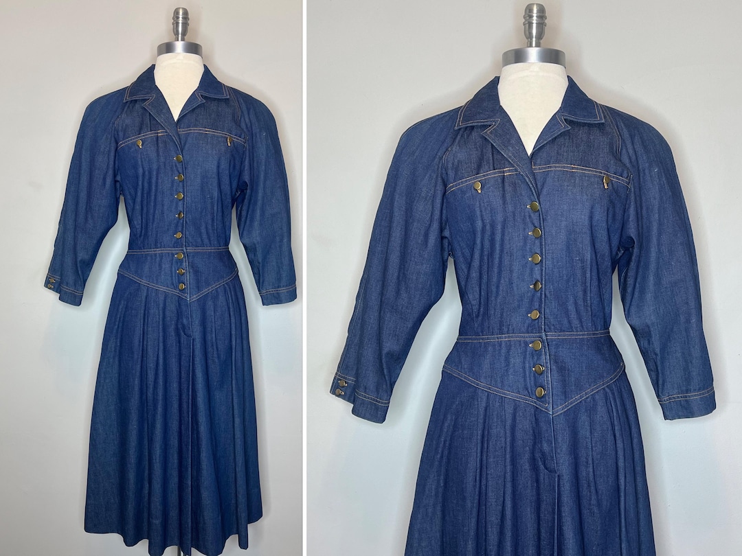 80s Western Style Denim Dress With Basque Waistline and Dolman Sleeves ...