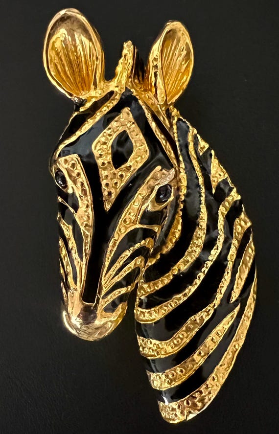 90s Gold Tone and Black Enamel Zebra Brooch with Onyx… - Gem