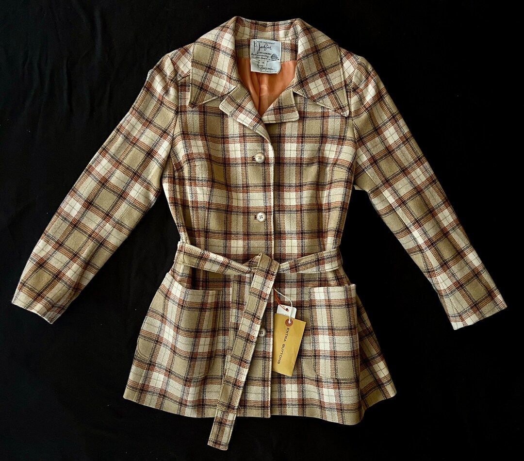 1970s Deadstock Tan Plaid Wool Jacket With Waist Belt by Jackfin in ...