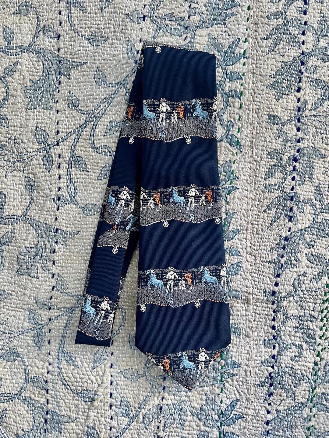 1970s Navy Polyester Western Cowboy Motif Novelty Wide Necktie by Mark ...