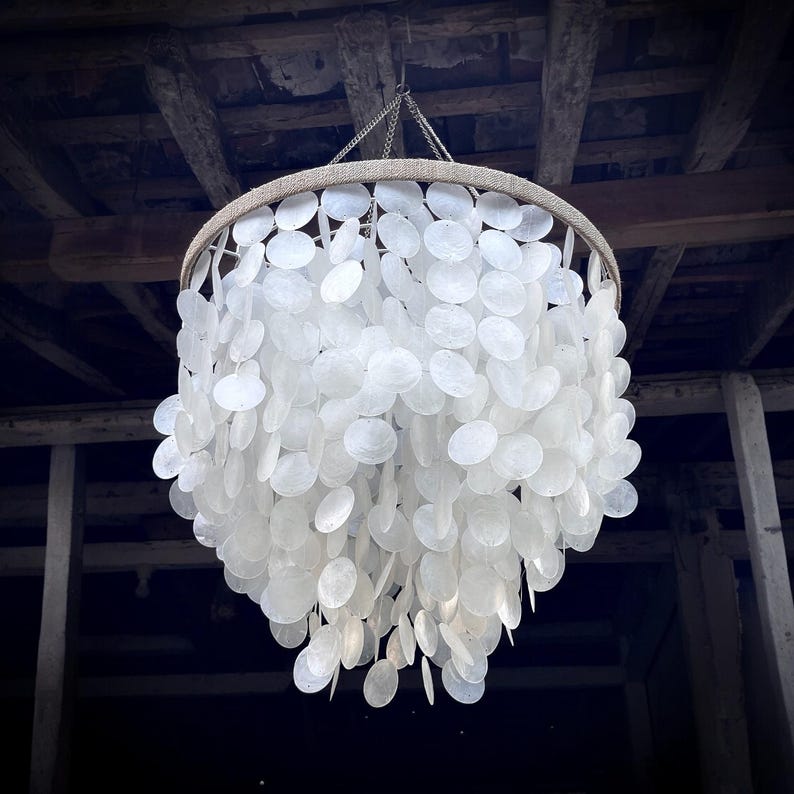 Capiz Shell Chandelier - Boho Hanging Lamp - Coastal Ceiling Decor ...