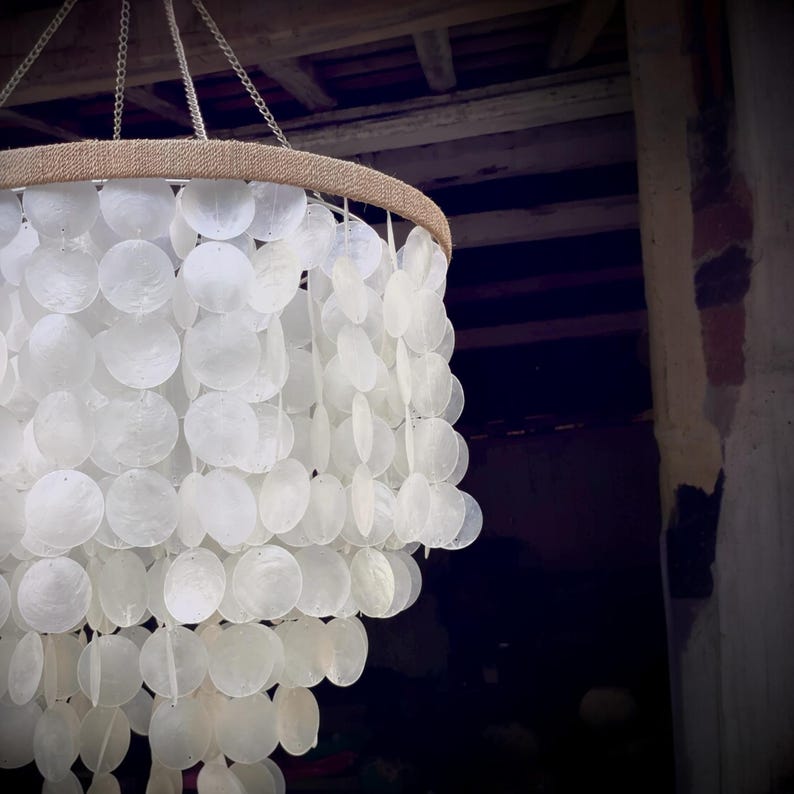 Capiz Shell Chandelier - Boho Hanging Lamp - Coastal Ceiling Decor ...