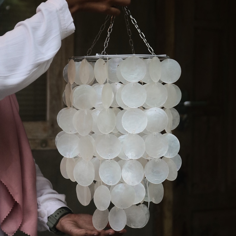 Round Capiz Shell Chandelier - Boho Coastal Pendant Light - Handmade ...