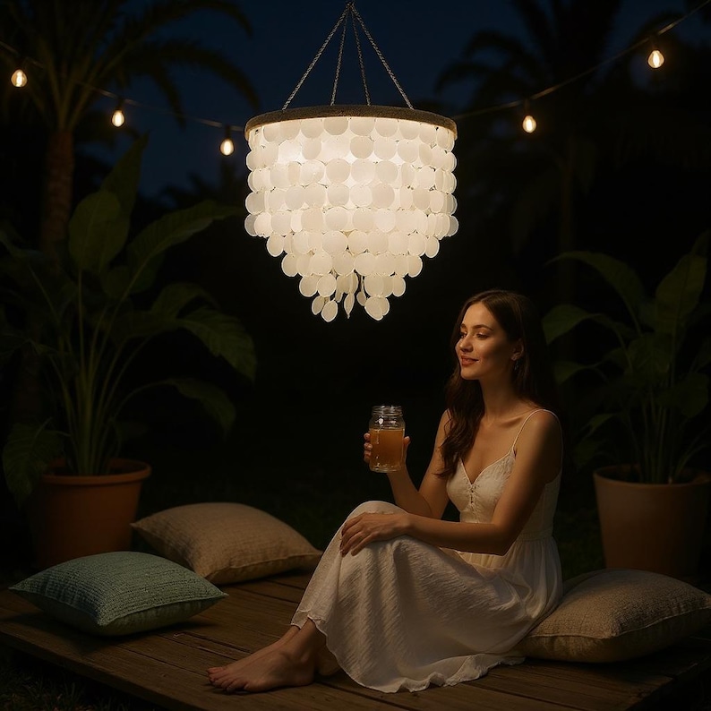 Capiz Shell Chandelier - Boho Hanging Lamp - Coastal Ceiling Decor ...