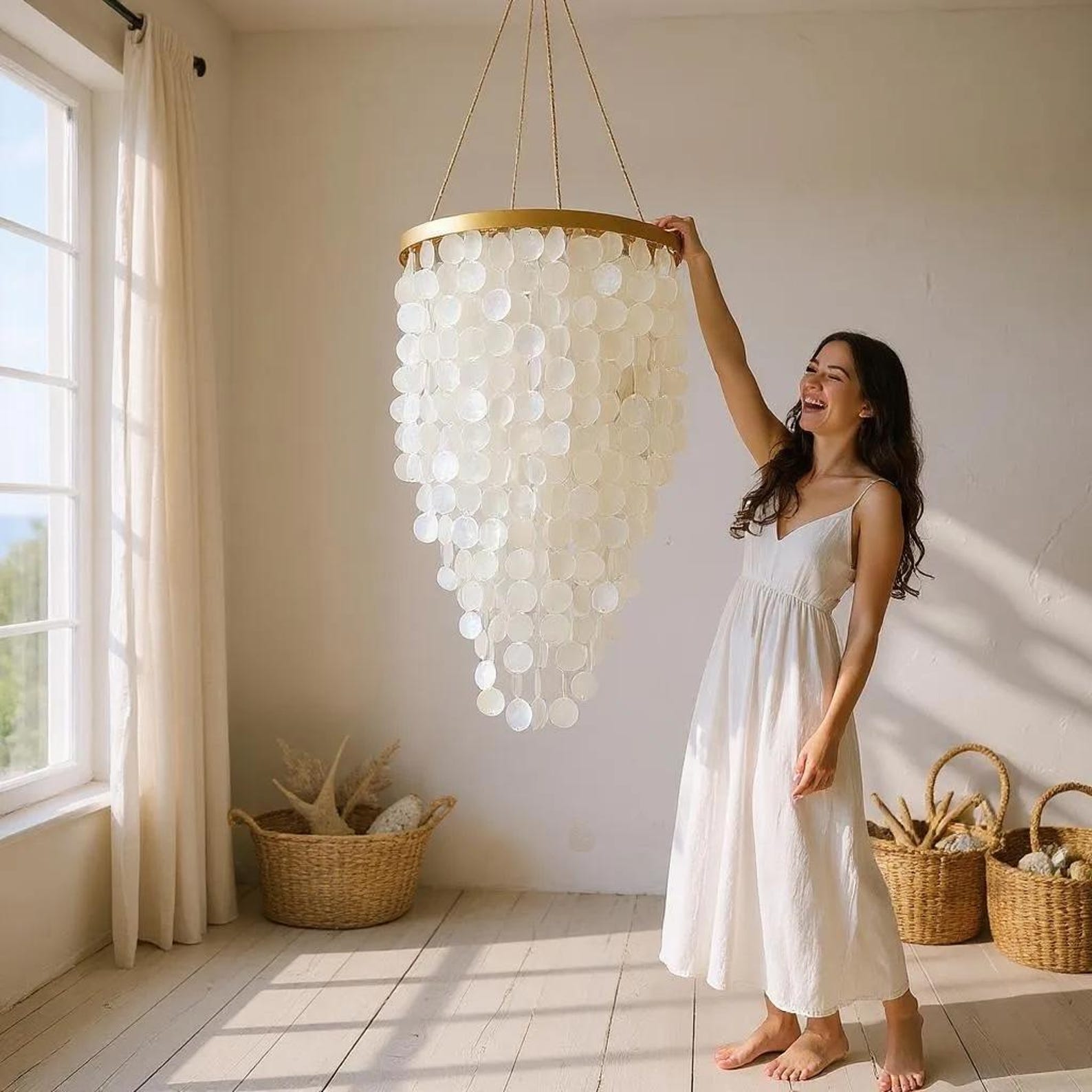 Shell Chandelier - Capiz Shell Craft - Shell Pendant Light Rounded ...