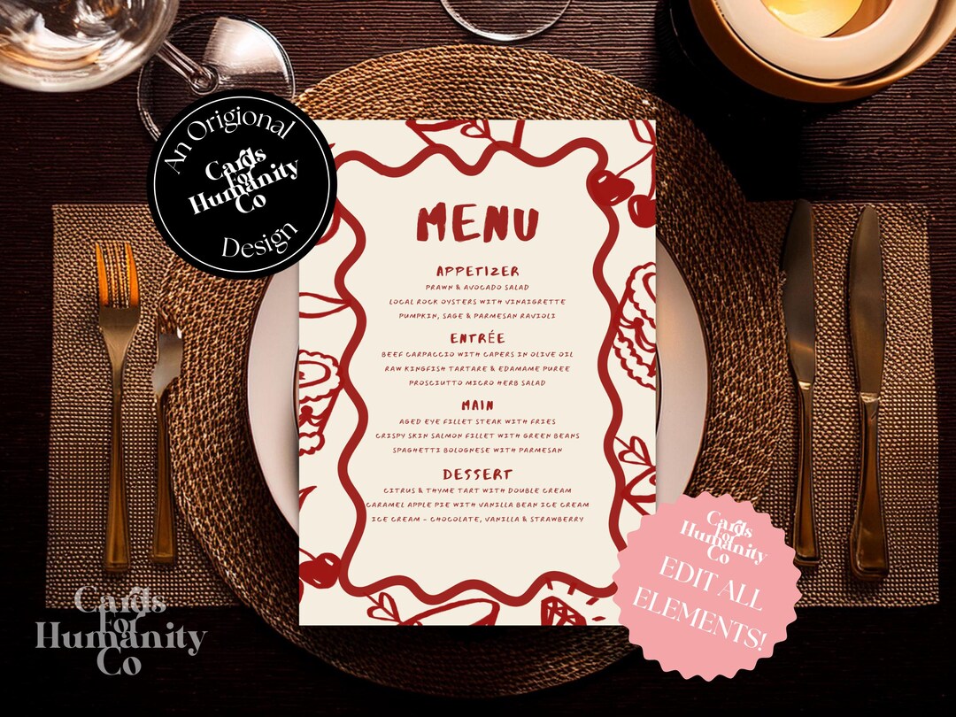 MINIMALIST DOODLE MENU Template Engagement Party Engaged Romantic ...