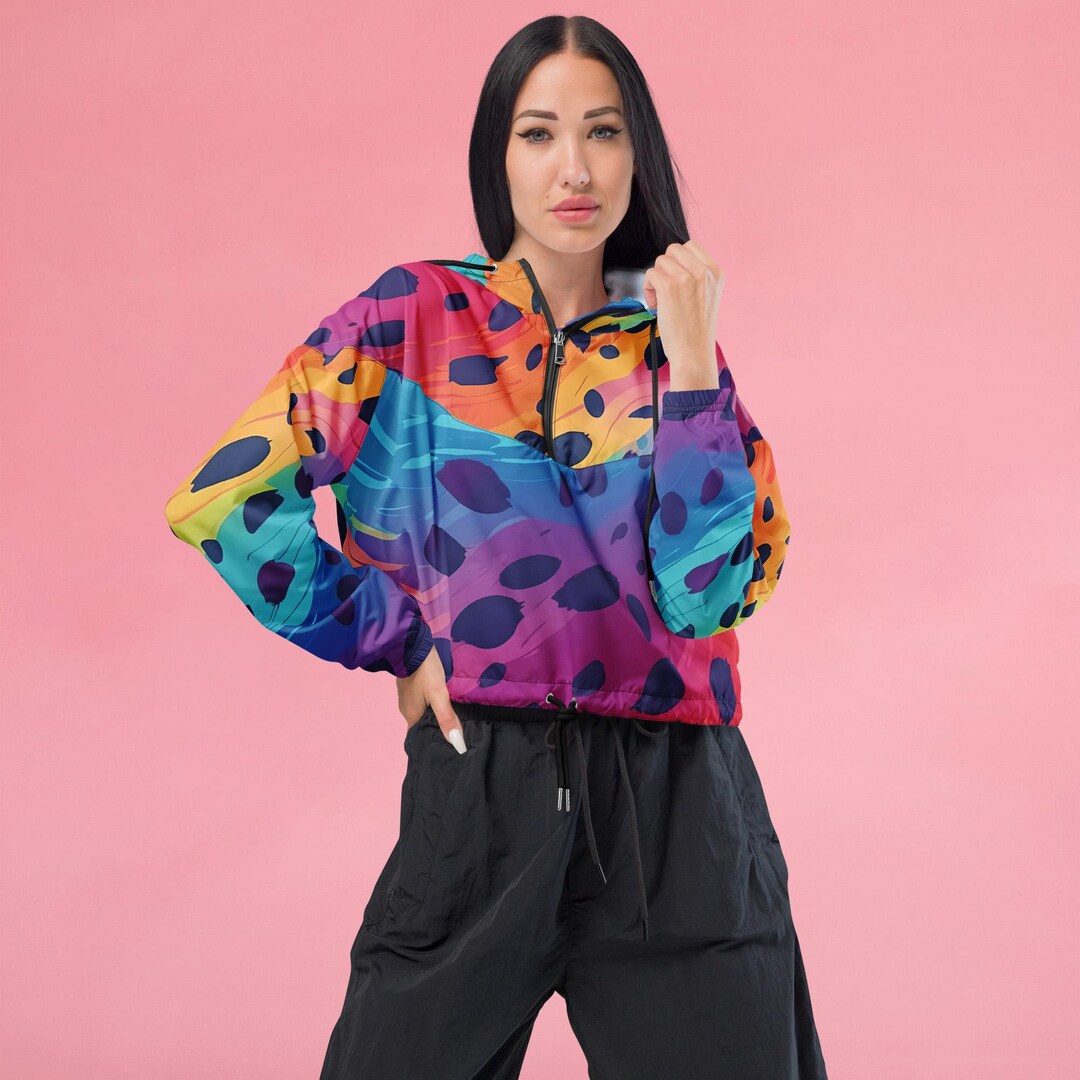 Rainbow Leopard Womens Cropped Windbreaker, Rave Outfit, Dancewear ...