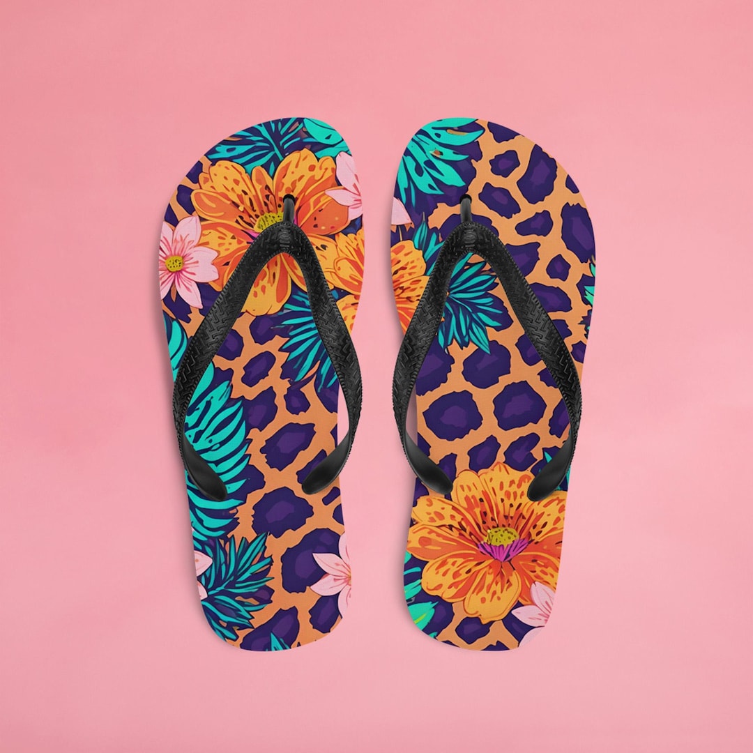 Neon Cheetah and Flowers Unique Flip Flops, Beach Sandals, Bridal Flip ...