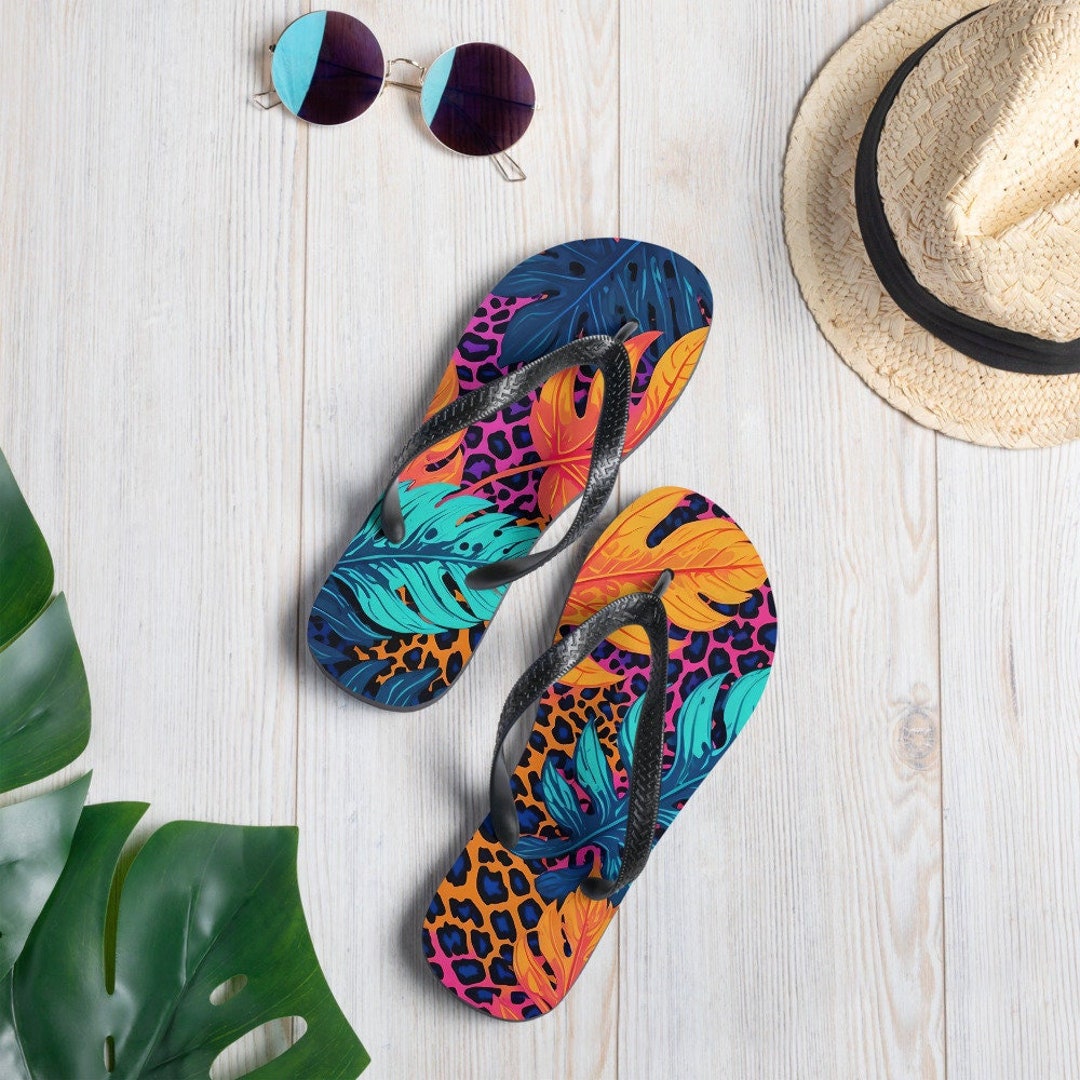 Neon Leopard Leaves Unique Flip Flops, Beach Sandals, Bridal Flip Flops ...